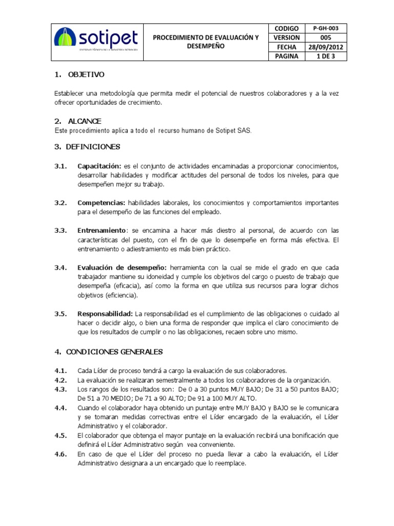 P-GH-003 Procedimiento de Evaluación de Desempeño | PDF | Evaluación | Business
