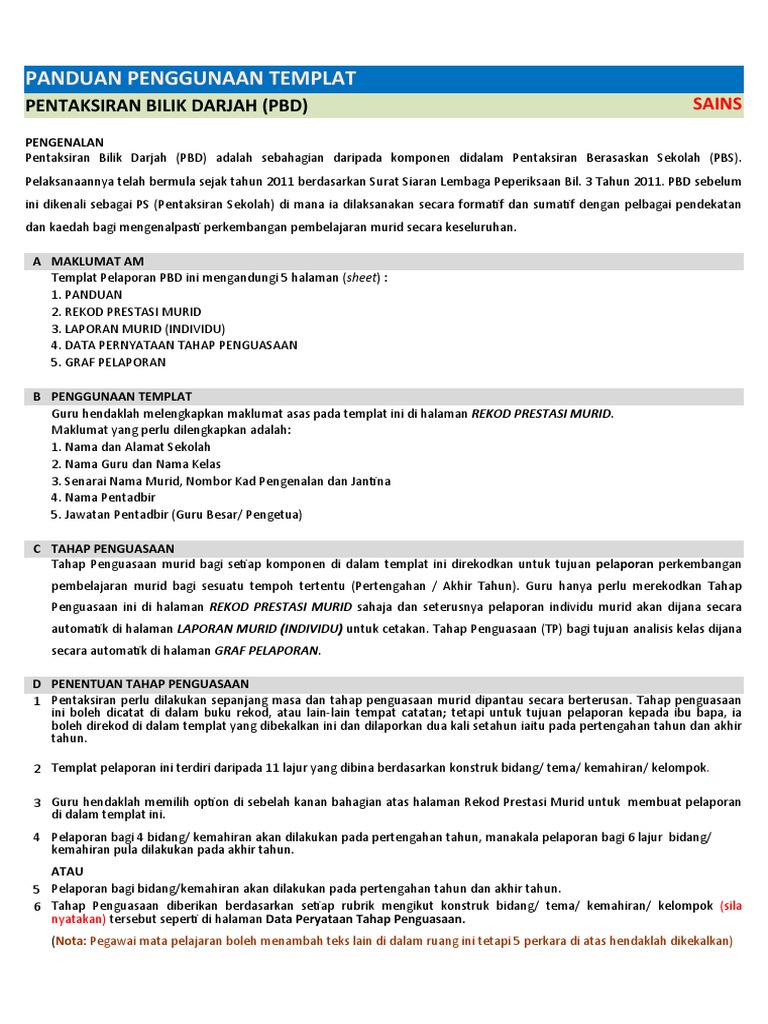 Panduan Penggunaan Templat: Pentaksiran Bilik Darjah (PBD) | PDF