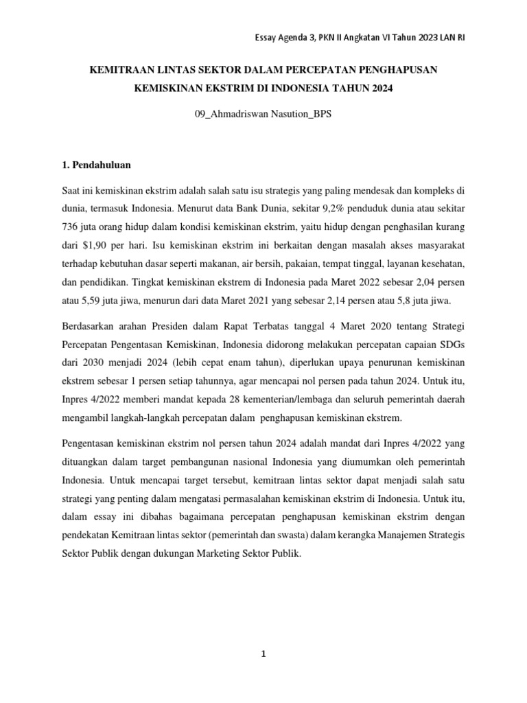 Essay Agenda 3, KEMITRAAN LINTAS SEKTOR DALAM PERCEPATAN PENGHAPUSAN KEMISKINAN EKSTRIM DI ...