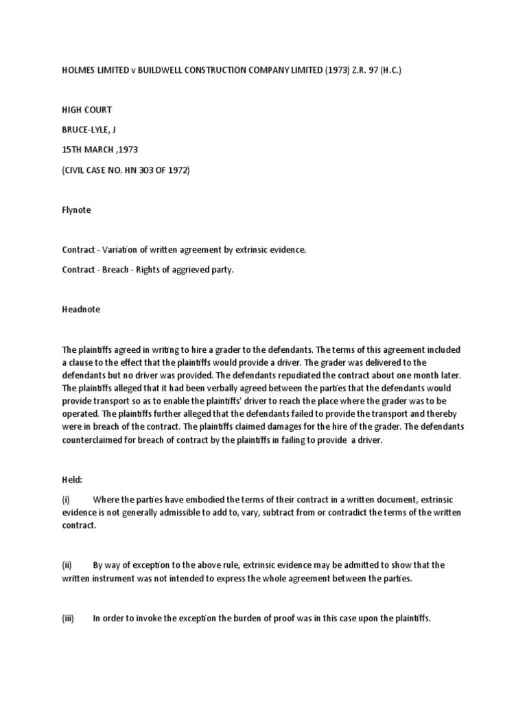 Holmes Ltd v Buildwell Construction Case | PDF | Damages | Breach Of ...