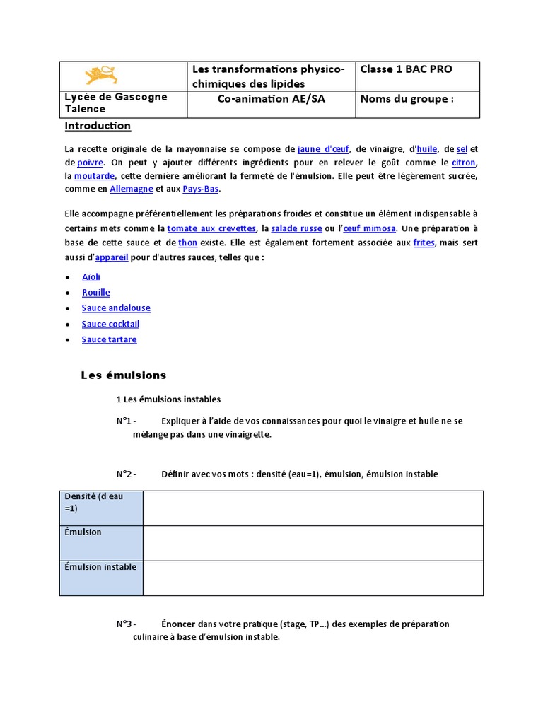 Émulsions : Mayonnaise et Stabilité | PDF | Mayonnaise | Nourritures