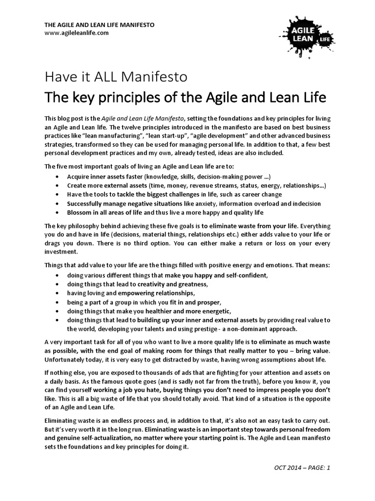 The Agile and Lean Life Manifesto | PDF | Agile Software Development | Goal