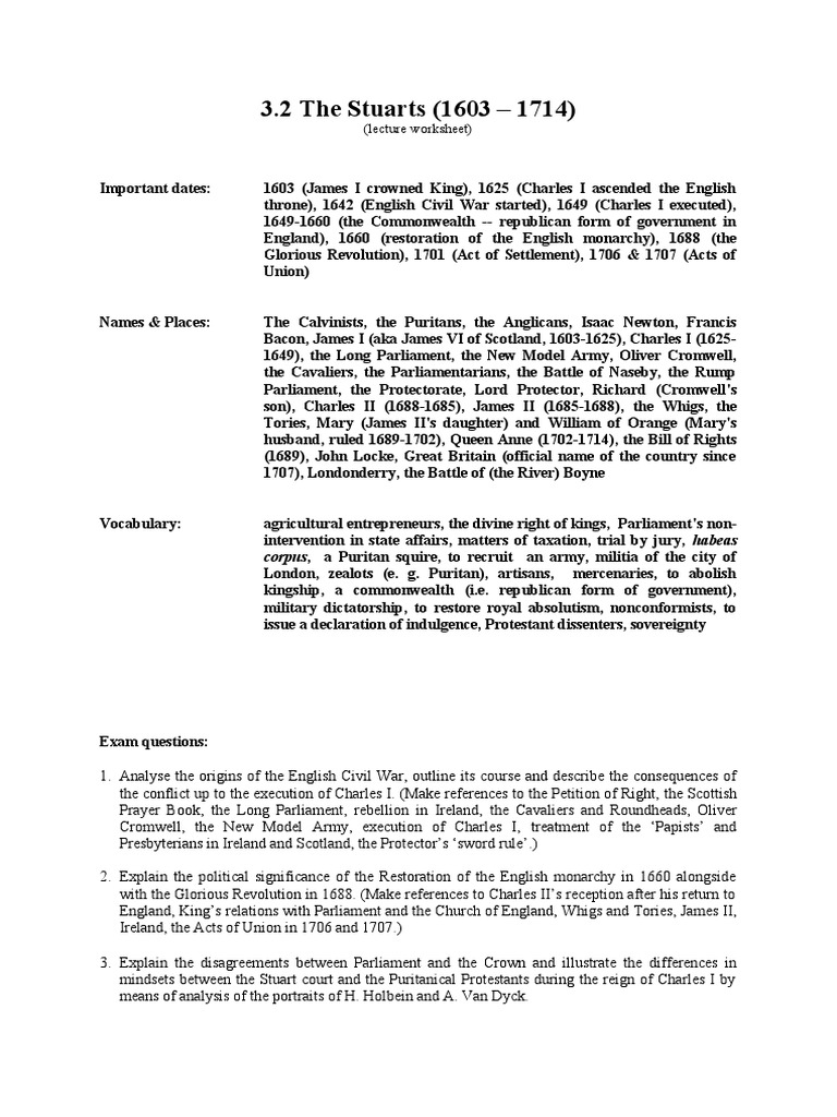 3.2 Stuarts, HiB&US, Lecture Worksheet | PDF | English Civil War ...