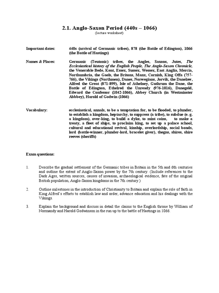 2.1 Anglo-Saxon Period, HiB&US, Lecture Worksheet | PDF | Anglo Saxons ...