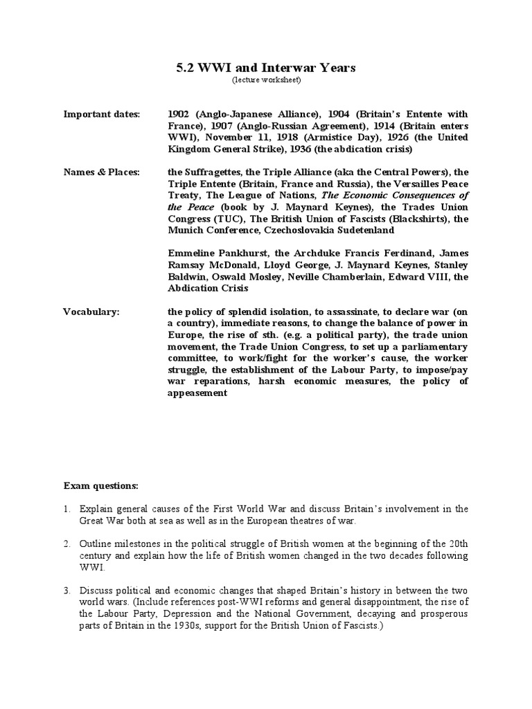 5.2 WWI and Interwar Years, HiB&US Lecture Worksheet | PDF | World War ...