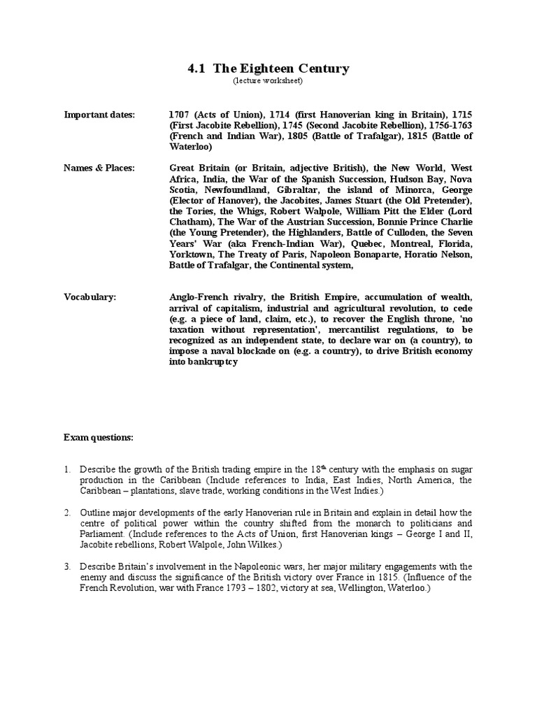 4.1 Eighteenth Century, HiB&US, Lecture Worksheet | PDF | Kingdom Of ...