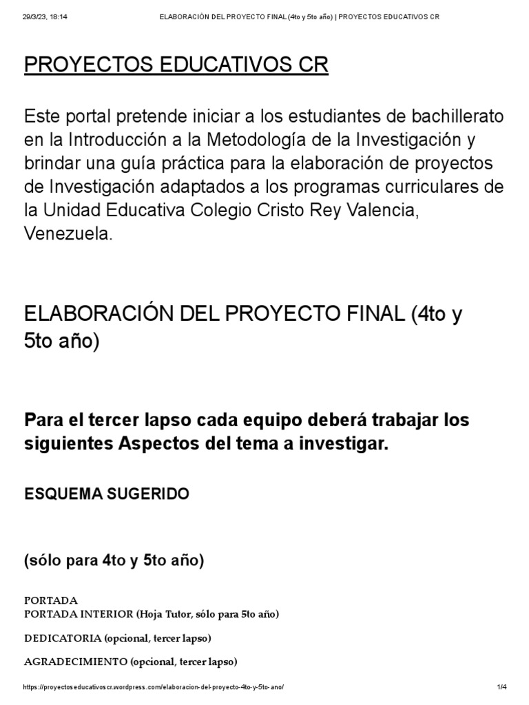 ELABORACIÓN DEL PROYECTO FINAL (4to y 5to Año) - PROYECTOS EDUCATIVOS ...