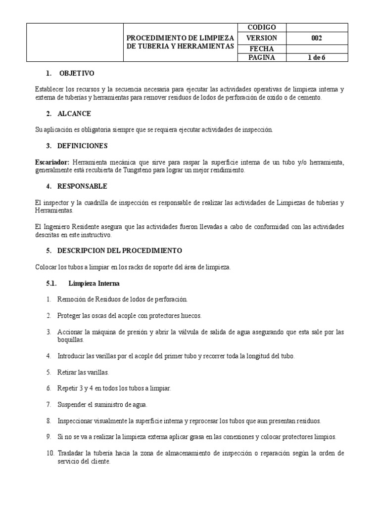 P-SI-002 Procedimiento de Limpieza de Tuberias y Herramientas | PDF ... P-SI-002 Procedimiento de Limpieza de Tuberias y Herramientas | PDF ...