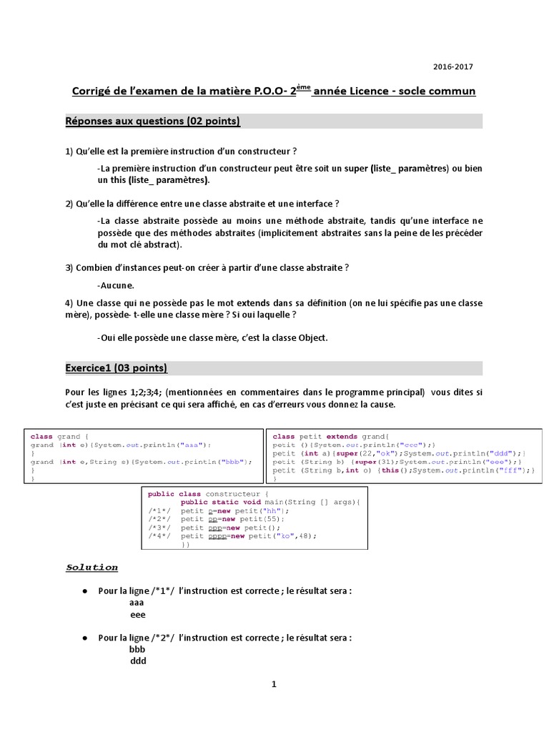 Corrigé Type Examen 2016-2017 POO-1 | PDF | Constructeur (programmation) | Programmation