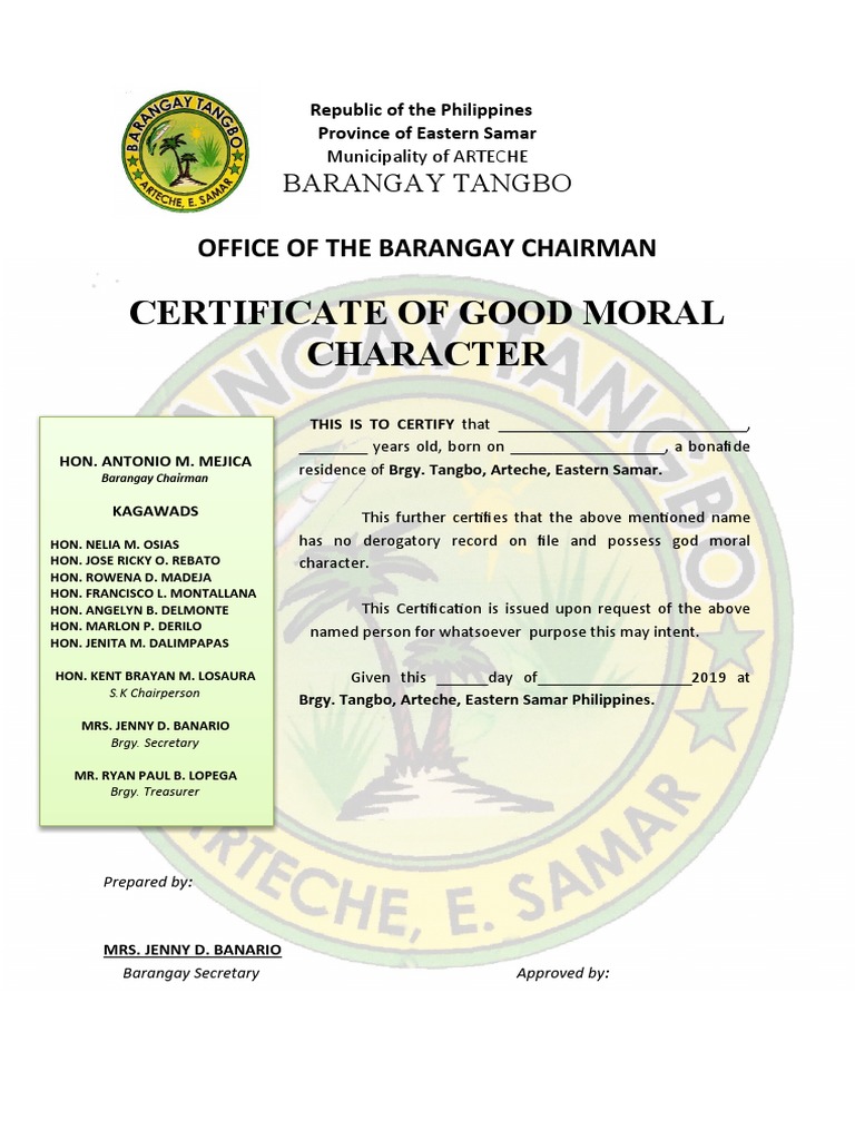 Barangay Certificate of Good Moral Character | PDF