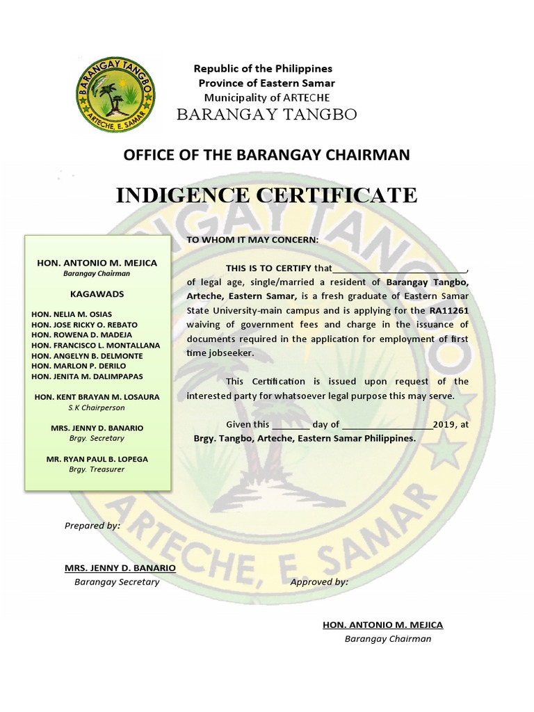 Indigence Certificate for Jobseekers | PDF