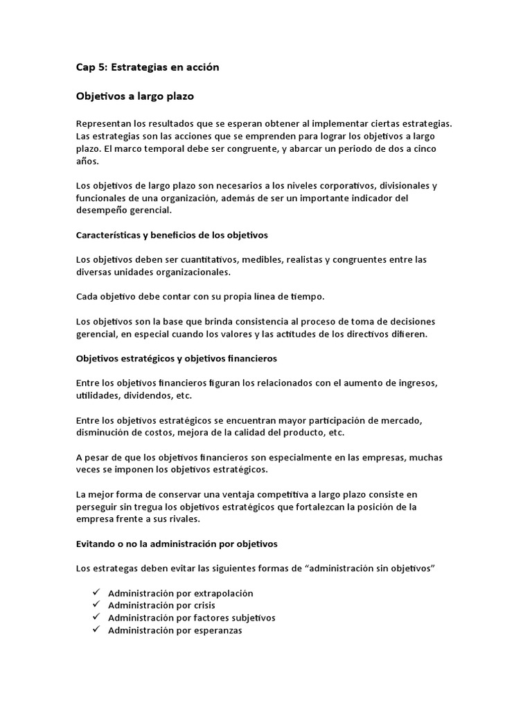 Cap 5: Estrategias en Acción Objetivos A Largo Plazo: Características y Beneficios de Los ...