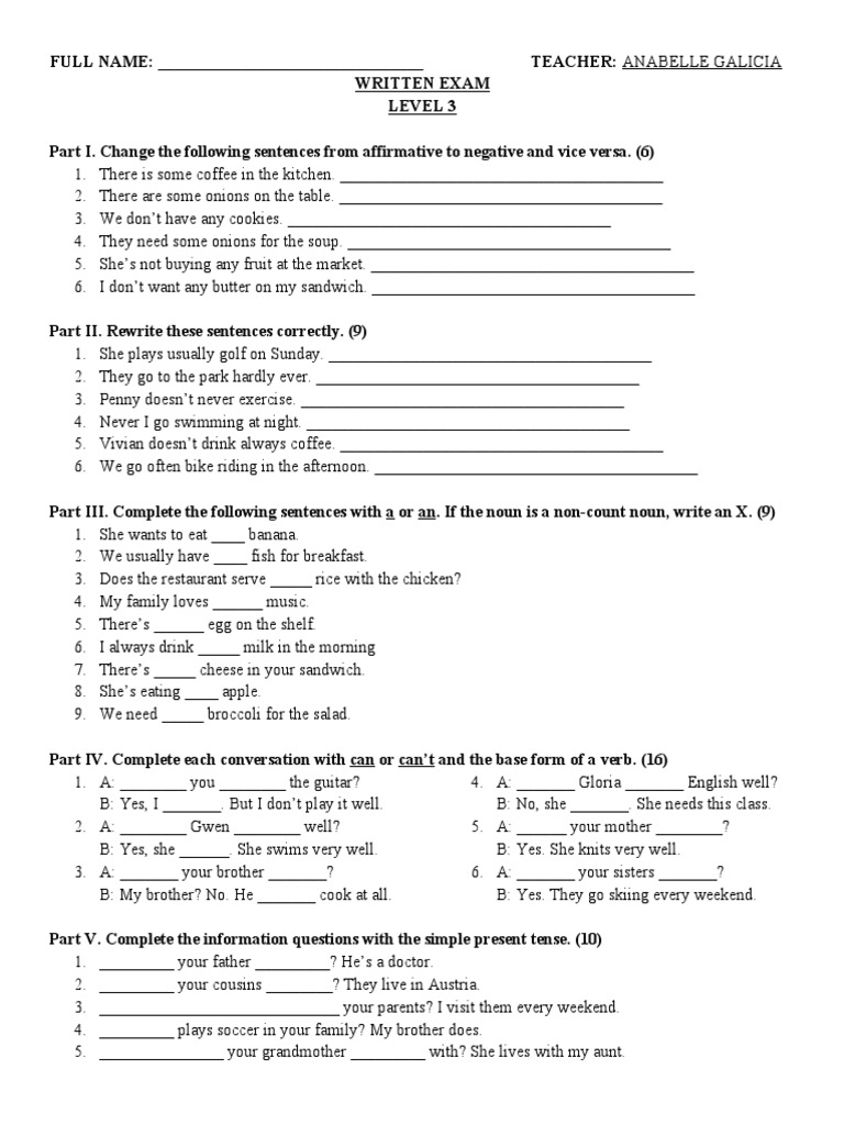 Grammar and Language Skills Exam: Questions Covering a Wide Range of Grammar Concepts Including ...