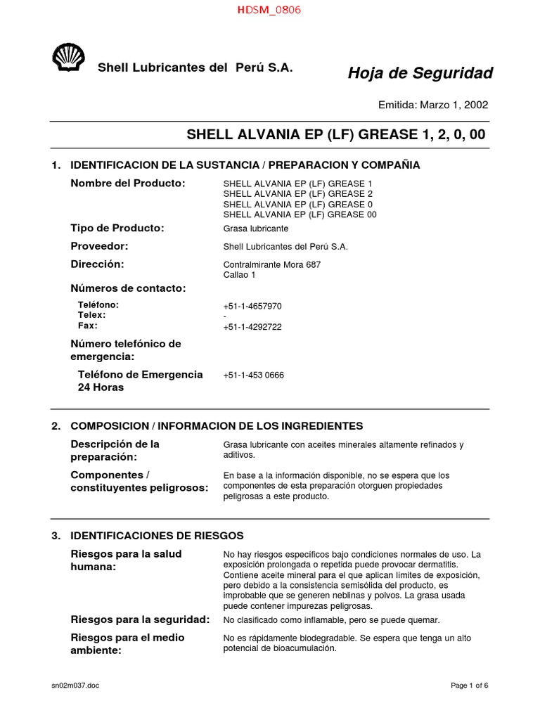 Hoja de Seguridad de Shell Alvania EP Grease | PDF | Agua | Residuos