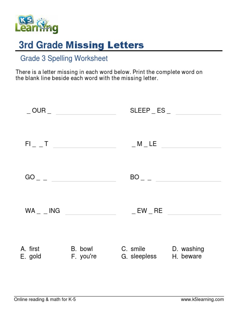 Grade 3 Missing Letters Worksheet | PDF