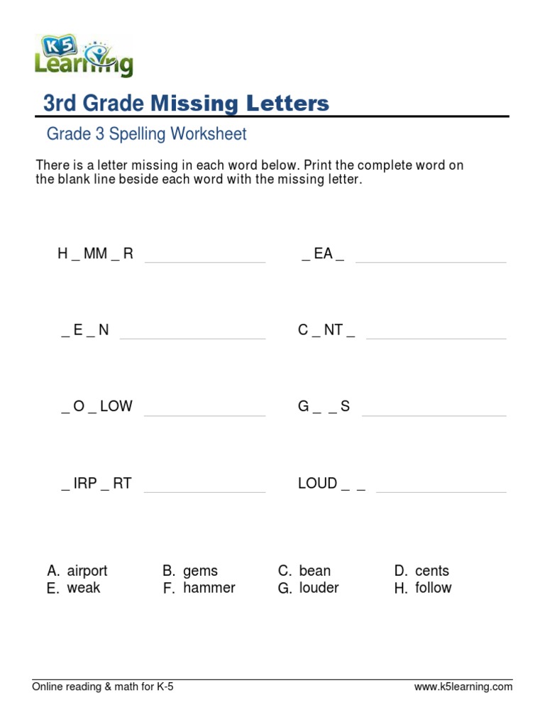 Grade 3 Missing Letters Worksheet | PDF