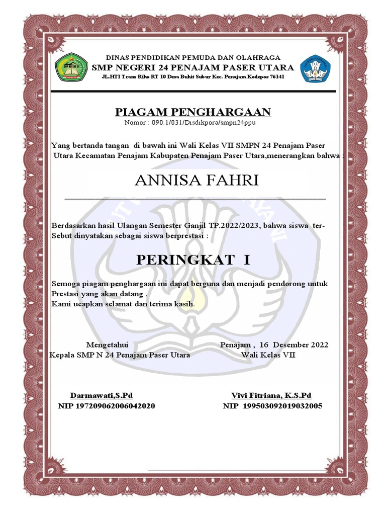 Piagam Siswa Berprestasi | PDF | Karier & Perkembangan