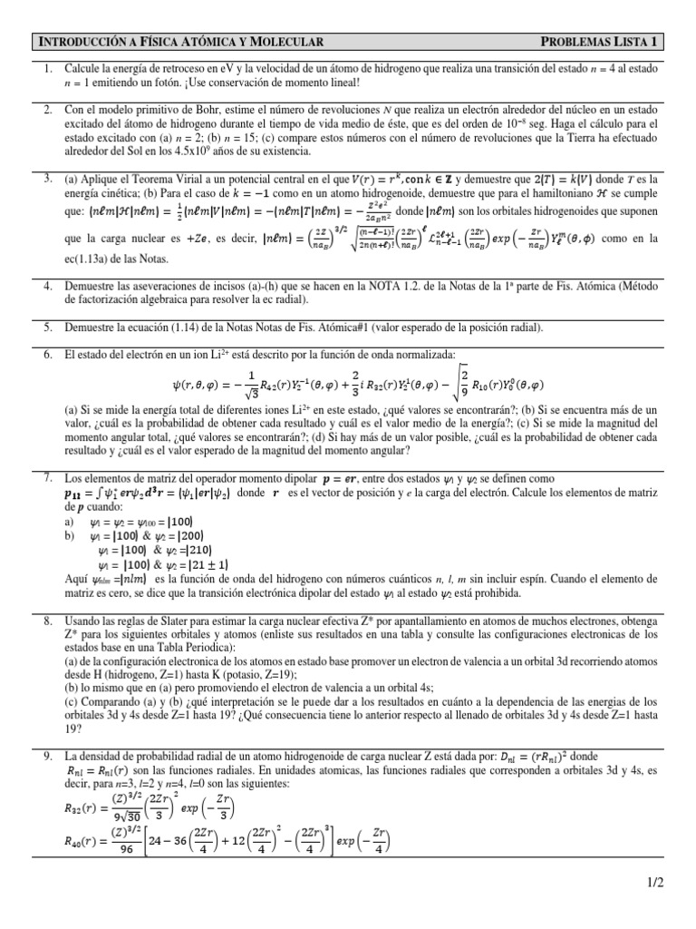 Lista 1 B | PDF | Orbital atómico | Electrón