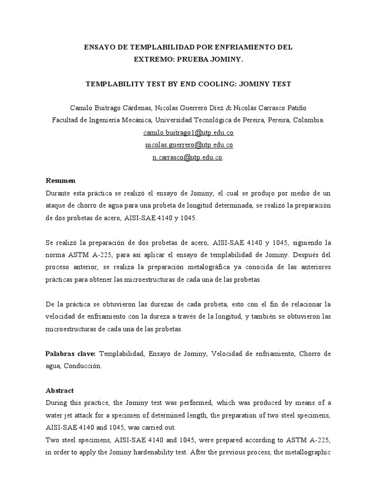 Ensayo Jominy: Templabilidad de Acero | PDF | Acero | Tornillo