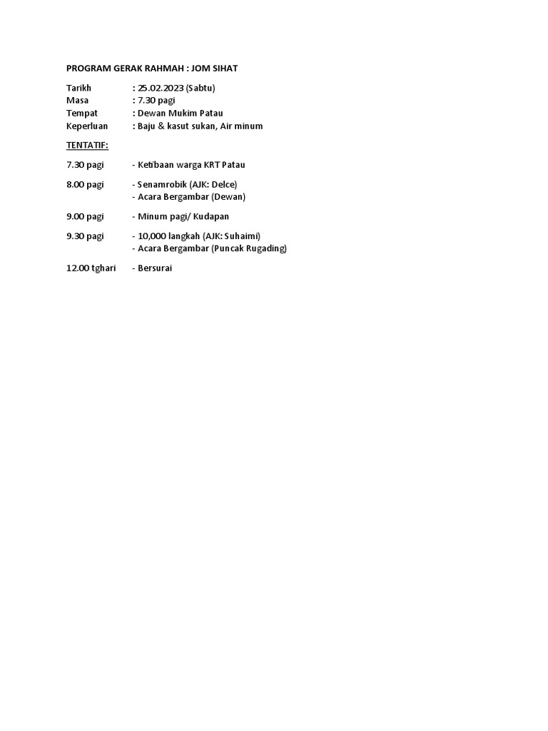 Tentatif Program Gerak Rahmah | PDF