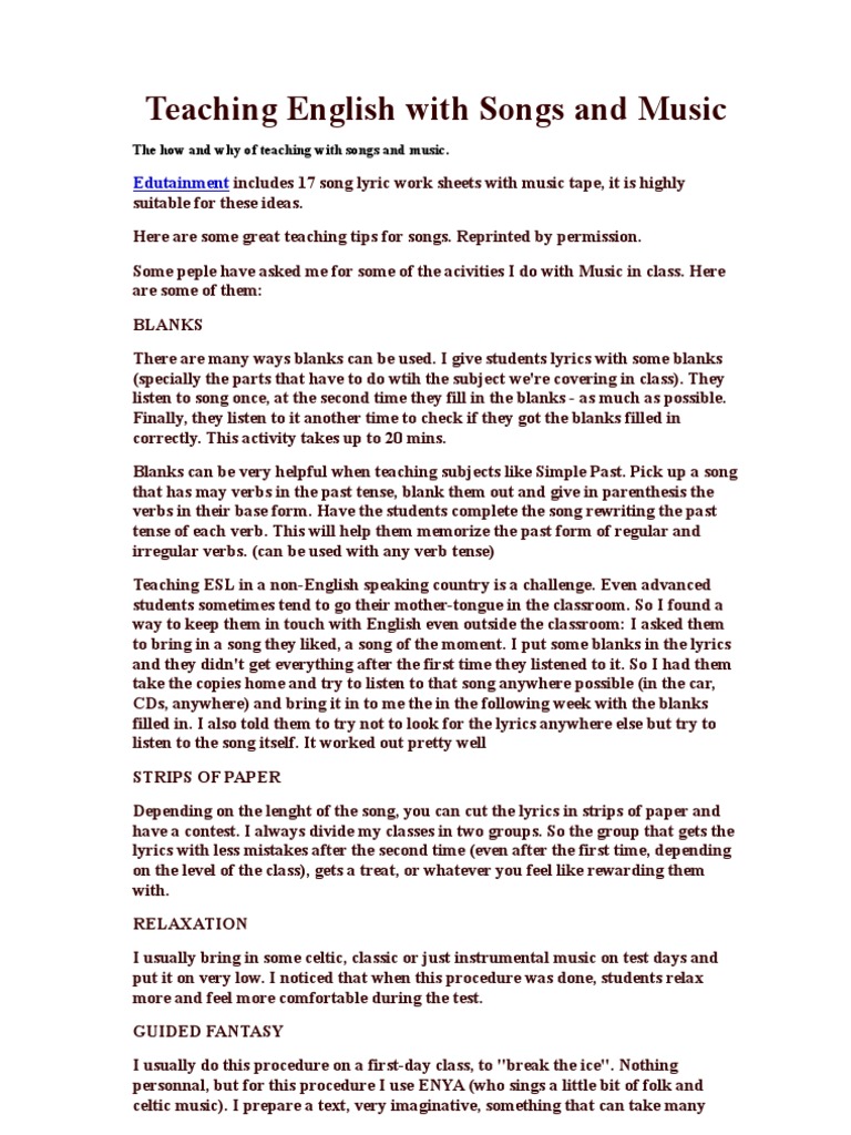 Activities Suggestions - Teaching English With Songs and Music | PDF ...