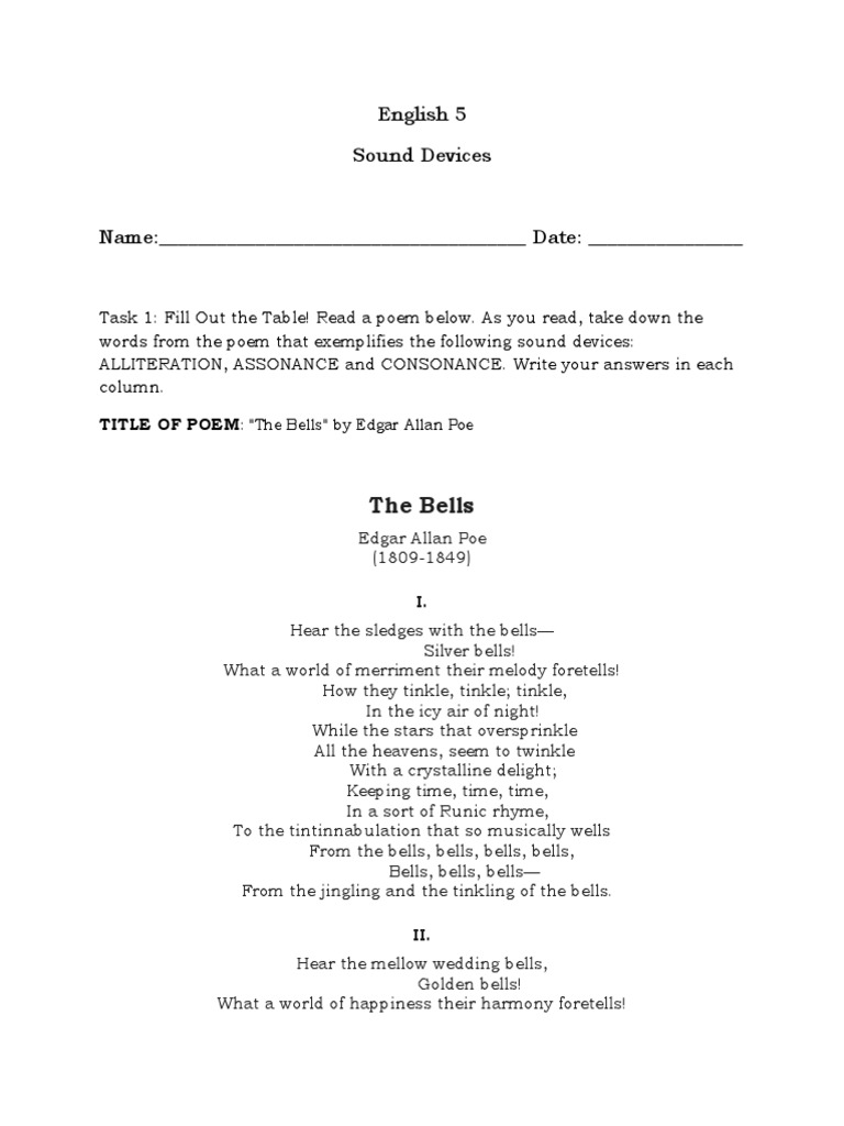 English 5 Sound Devices: The Bells | PDF | Poetry | Poetic Devices