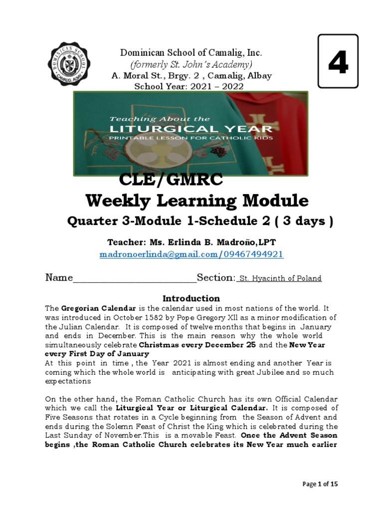 Cle/Gmrc Weekly Learning Module: Quarter 3-Module 1-Schedule 2 (3 Days ...