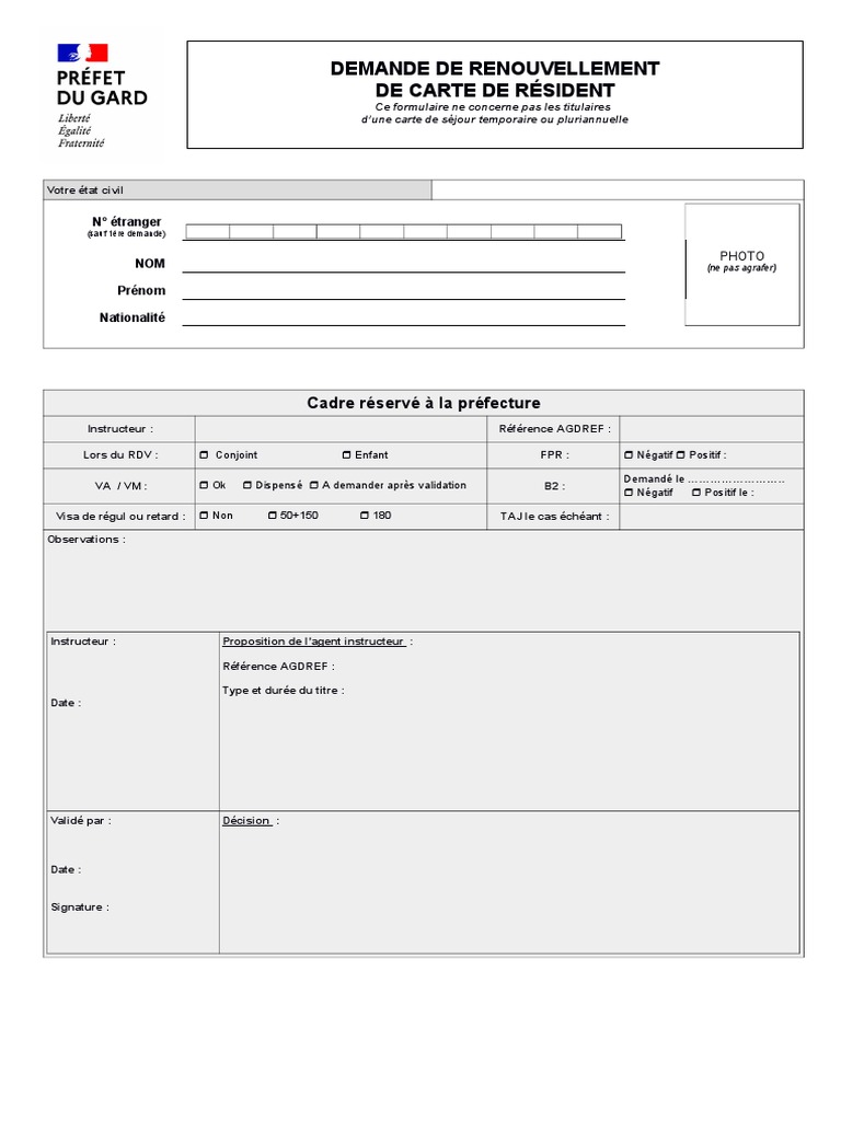 3-Formulaire Renouvellement Carte de Résident | PDF | Visa (Document ...
