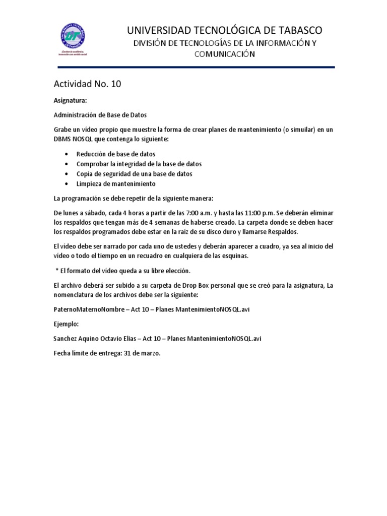 Admon de BD Actividad 10 - Tareas Programadas NOSQL | PDF