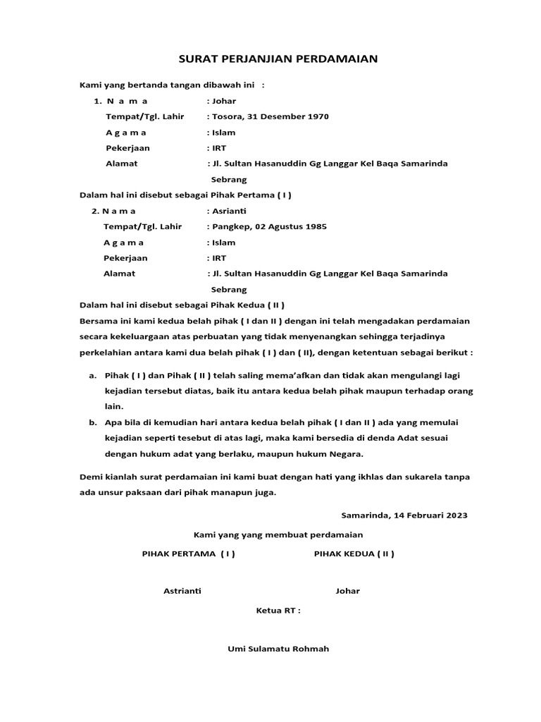 Surat Perjanjian Perdamaian | PDF