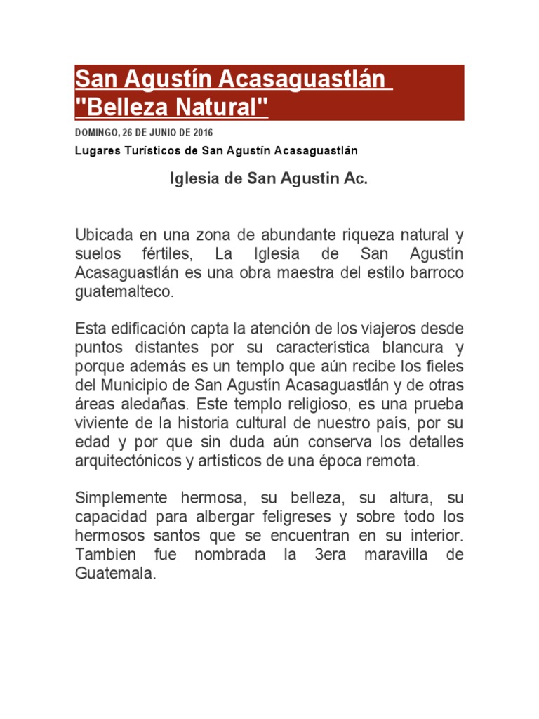 Atractivos de San Agustín Acasaguastlán | PDF