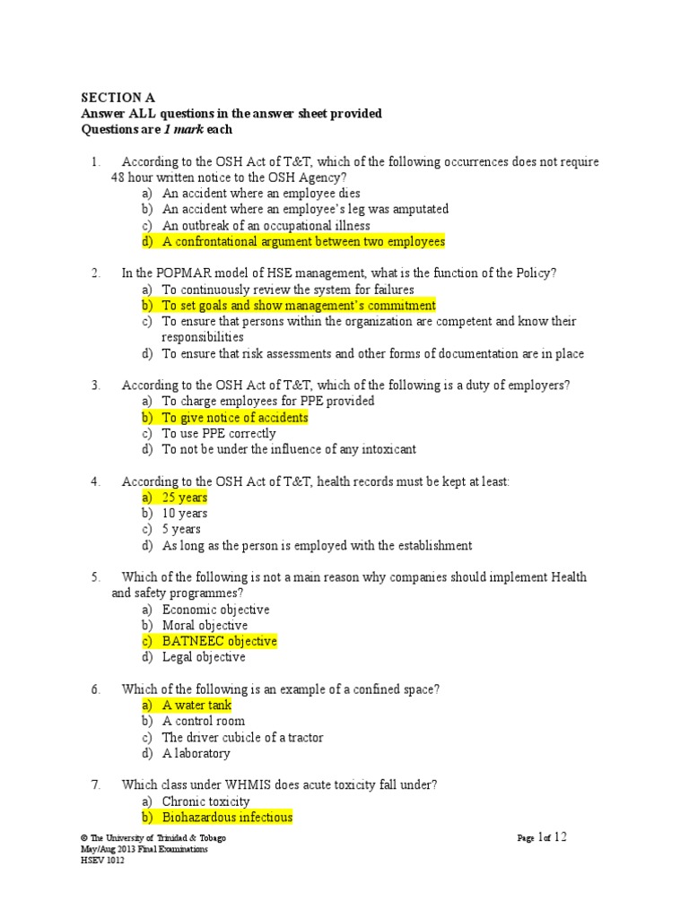 Past Paper Answers | PDF | Hazards | Personal Protective Equipment