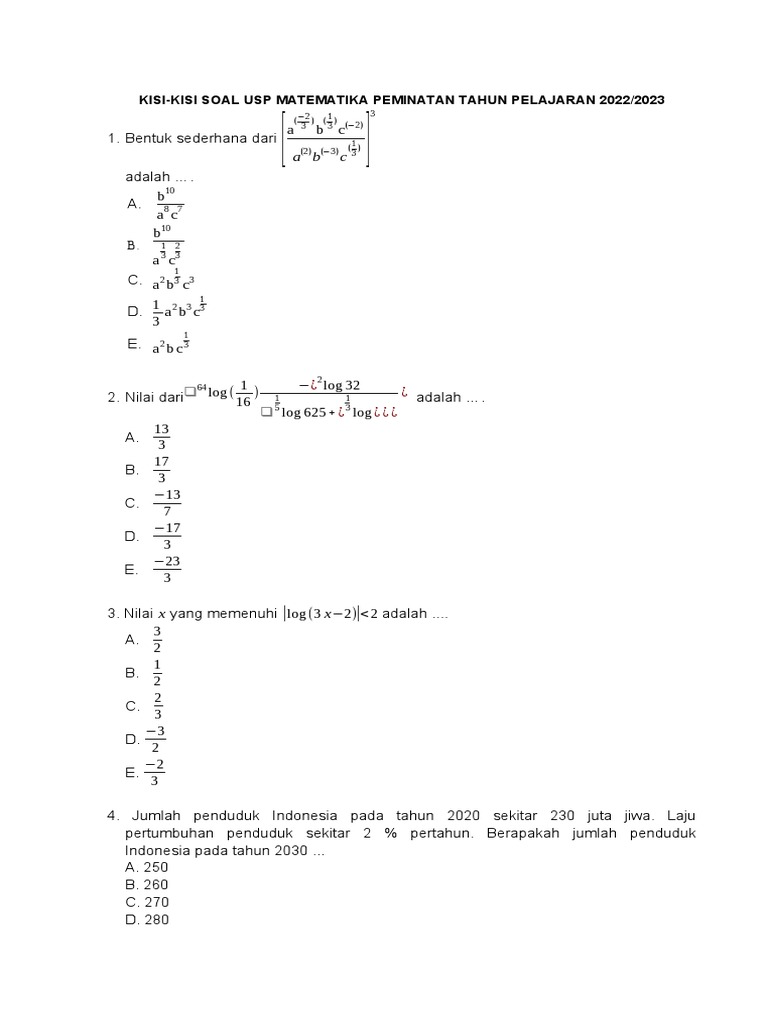 Kisi-Kisi Soal Usp Matematika Peminatan Tahun Pelajaran 2022/2023 | PDF