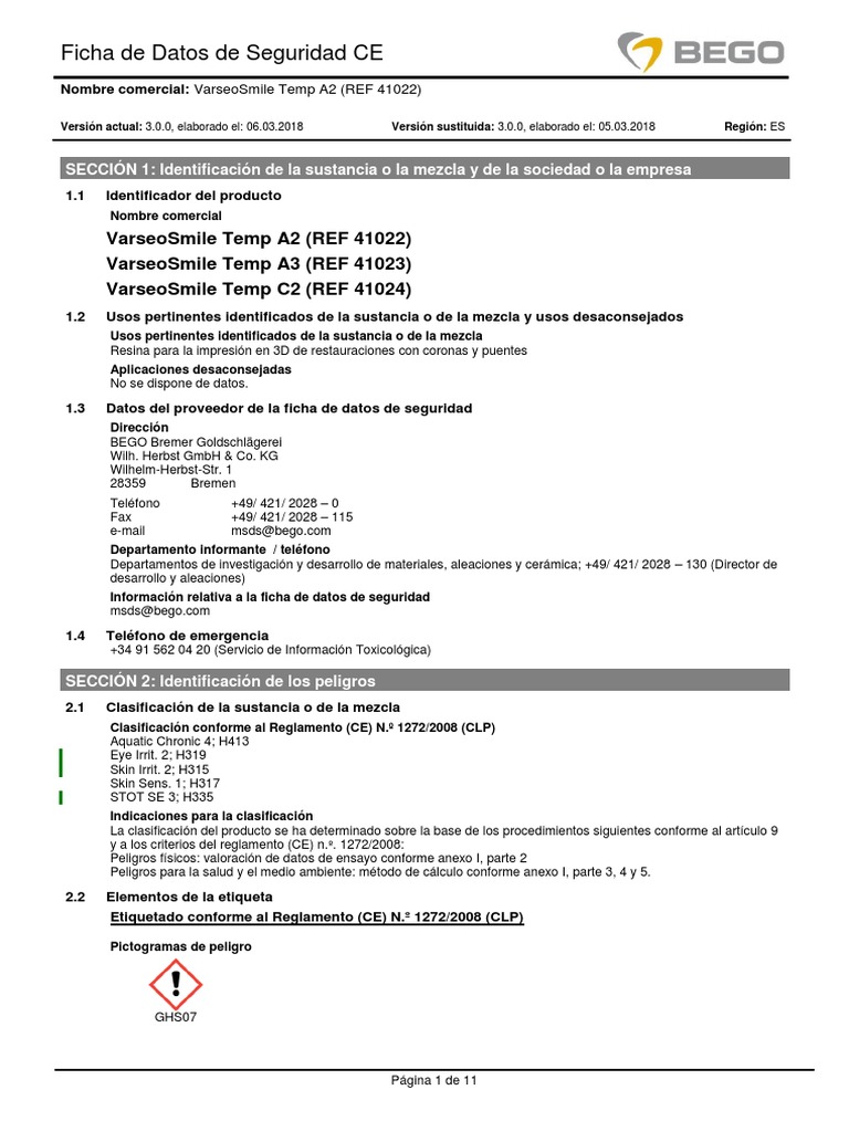 VarseoSmile-Temp REF 41022 702621 ES ES V-3.0.0 SDB | PDF | Química | Ciencias fisicas