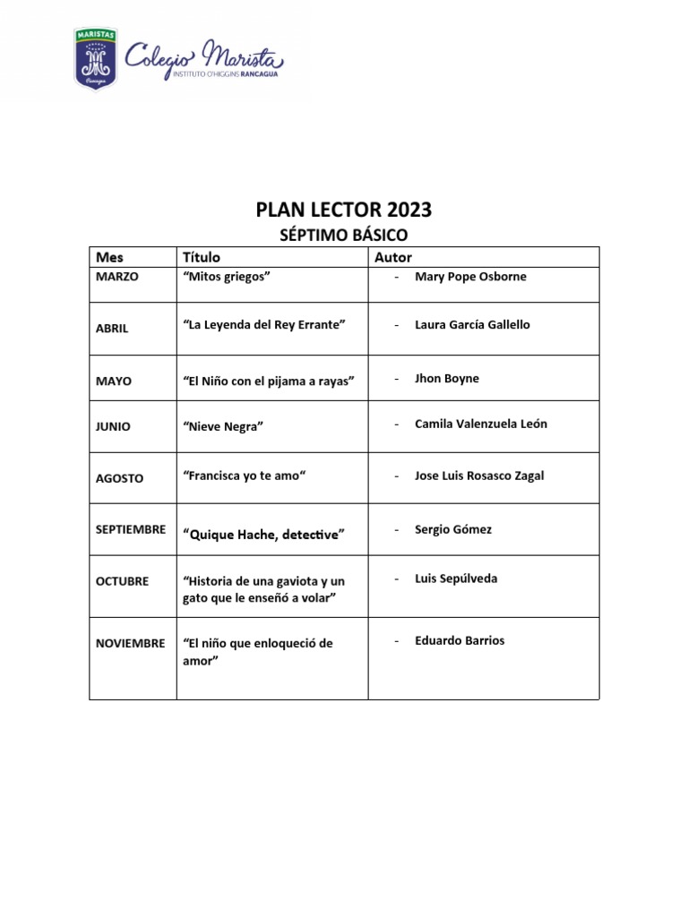 Plan Lector 2023: Séptimo Básico | PDF