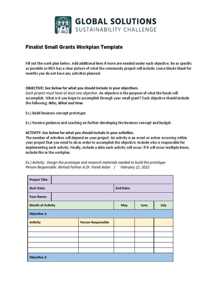 Finalist Small Grants Workplan Template: OBJECTIVE: See Below For What ...