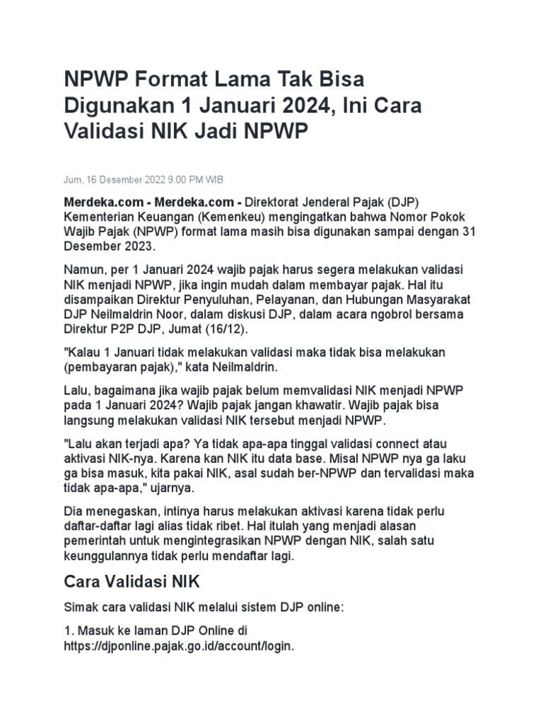 NPWP Format Lama Tak Bisa Digunakan 1 Januari 2024 | PDF