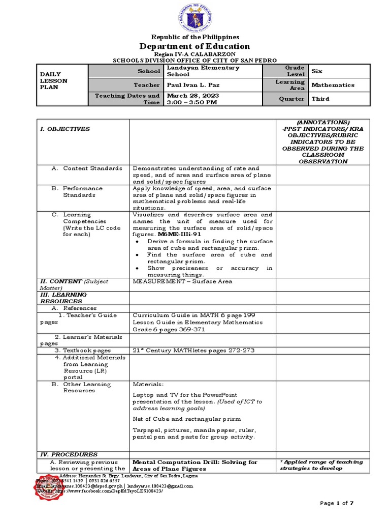 DLP For CO1 - Math (Surface Area of Cube and Rectangular Prism | PDF | Area | Learning