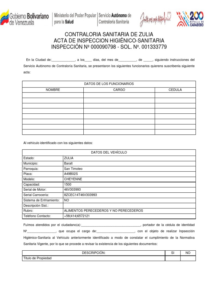 Contraloria Sanitaria de Zulia Acta de Inspeccion Higiénico-Sanitaria INSPECCIÓN #000090798 ...