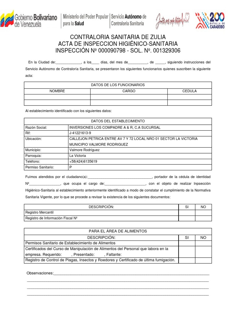 Contraloria Sanitaria de Zulia Acta de Inspeccion Higiénico-Sanitaria INSPECCIÓN #000090798 ...