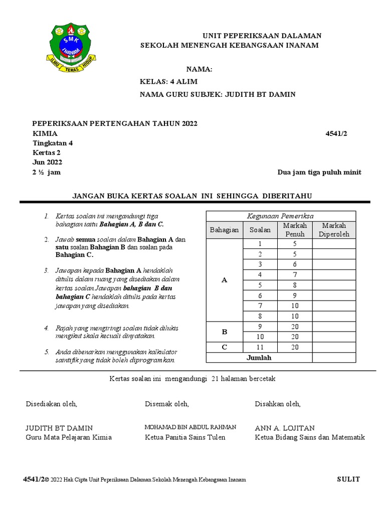Muka Depan Kimia Kertas 2 | PDF