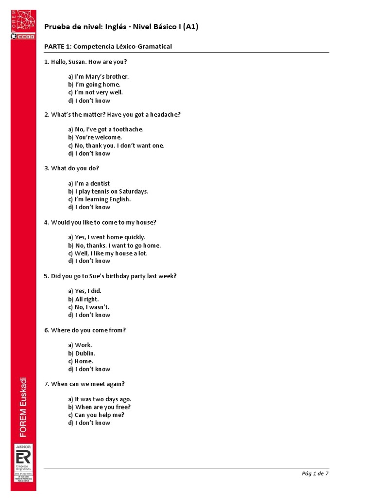 Prueba de Nivel - Inglés Nivel Básico I (A1) | PDF