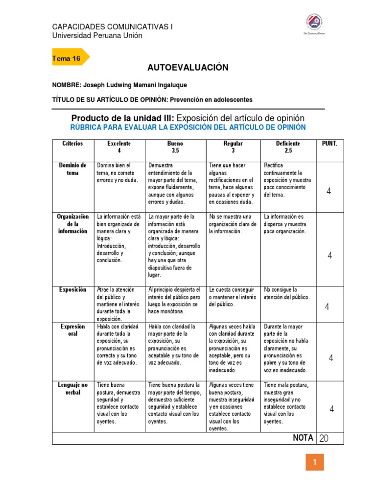 Tema 16 - EVALUACION de La Expresión Oral (Rúbrica) | PDF ...
