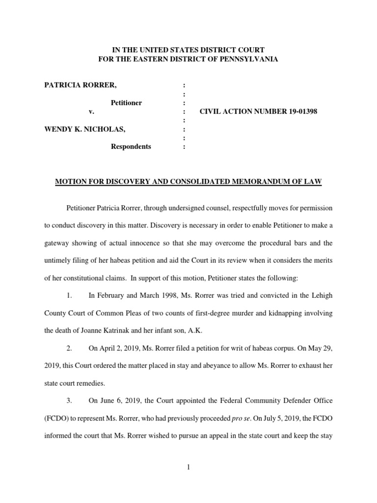 Rorrer Discovery Motion | PDF | Actual Innocence | Criminal Justice