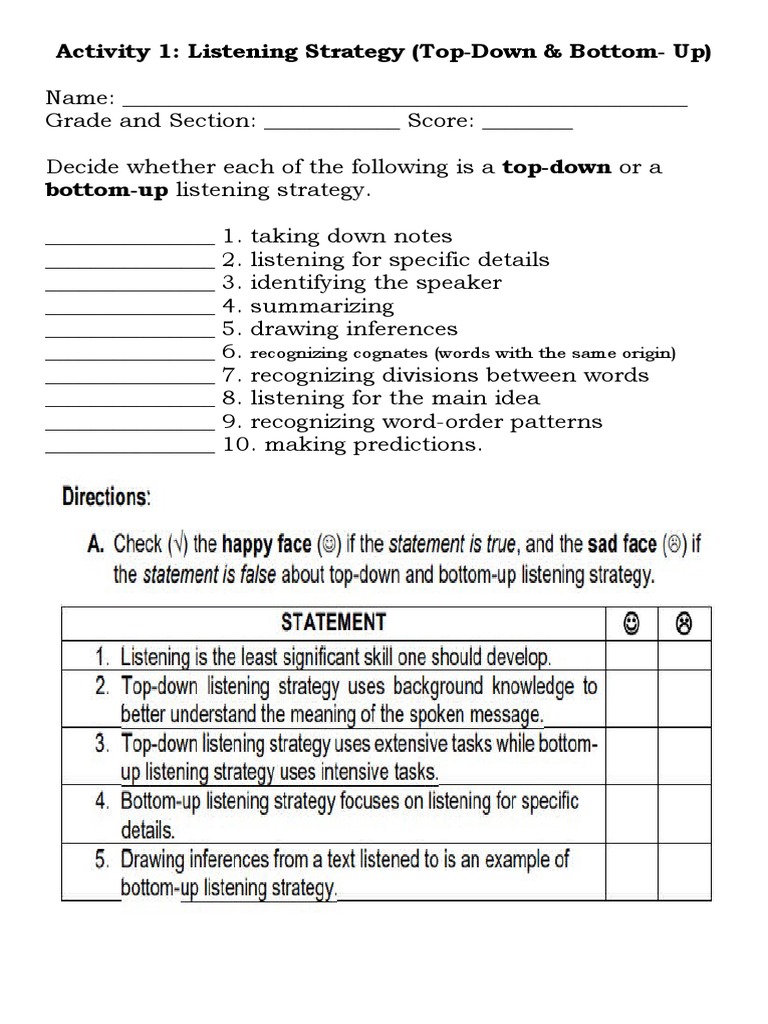 Activity 1 LISTENING STRATEGY | PDF | Top Down And Bottom Up Design ...