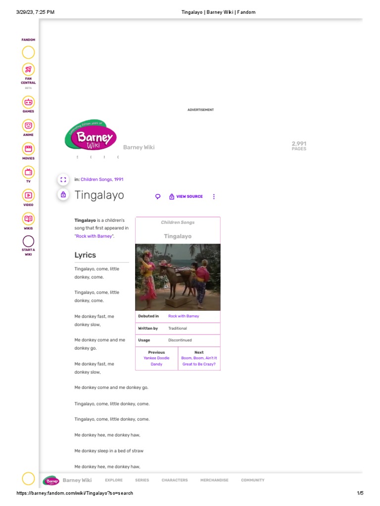 Tingalayo Song Overview in Barney | PDF | Fandom