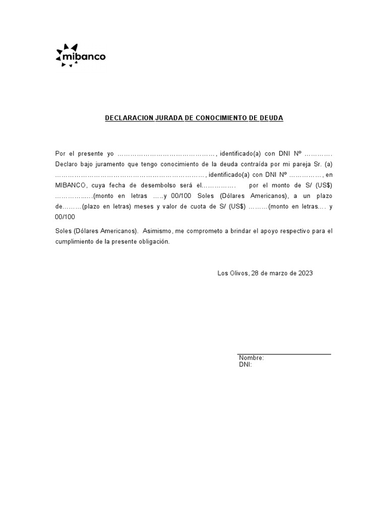 Declaración Jurada de Conocimiento de Deuda | PDF Declaración Jurada de Conocimiento de Deuda | PDF