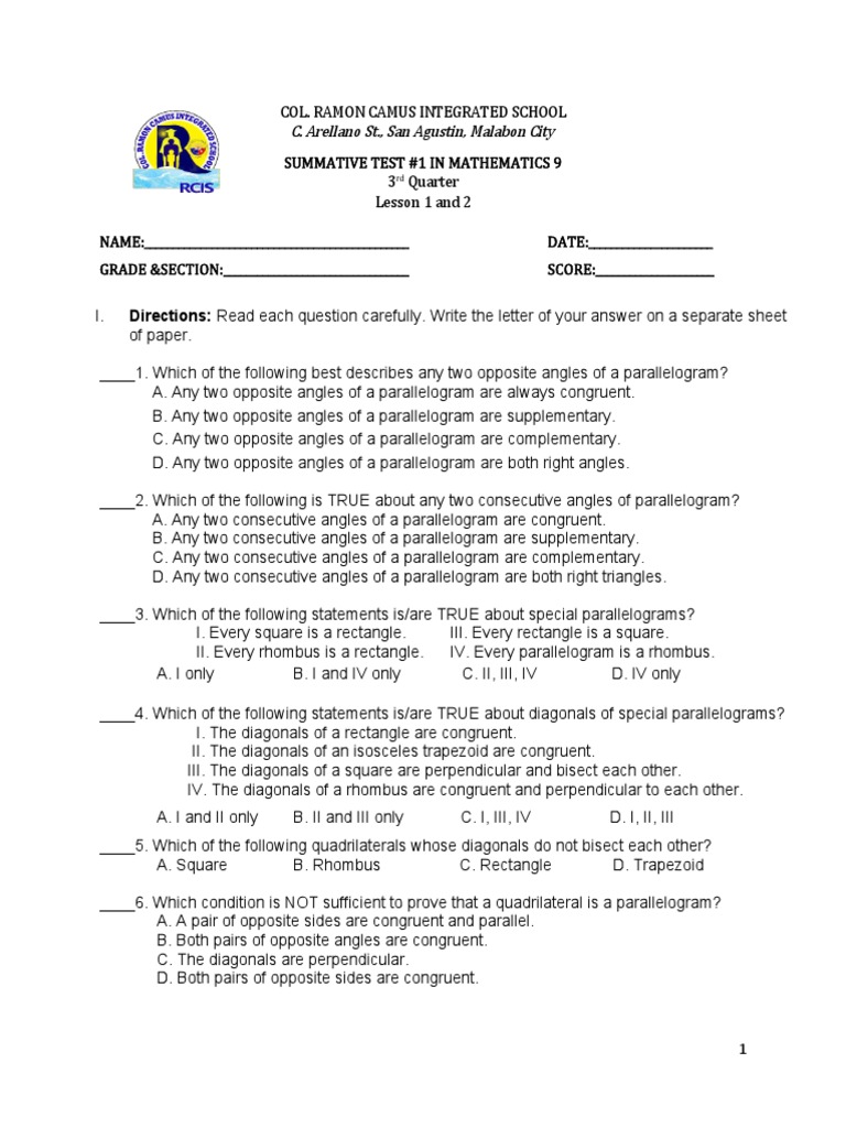 Grade 9 Quadrilaterals Test Questions | PDF