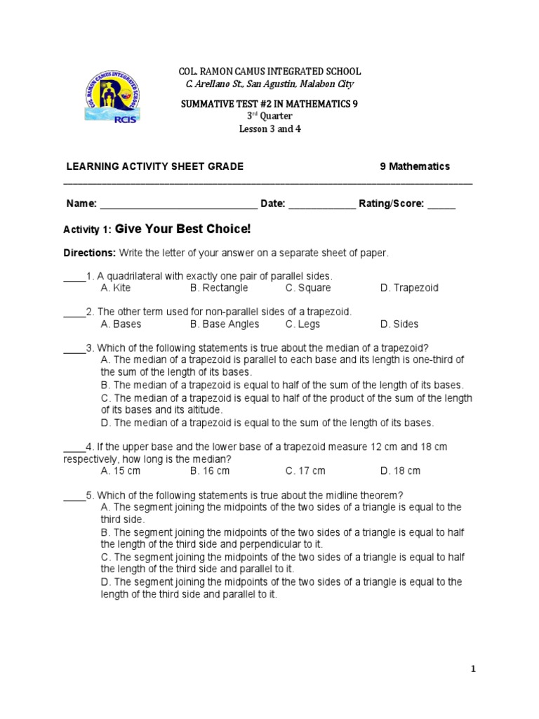 3RD Q Summative Test 2 Math 9 | PDF | Triangle | Geometry
