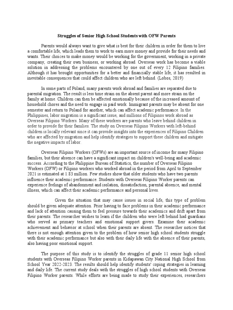 Struggles of Senior Highschool Students With Ofw Parents | PDF ...